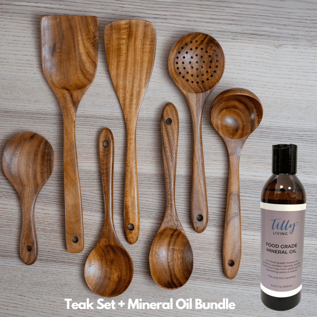 Teak Utensil Set + Mineral Oil Bundle - Tilly Living